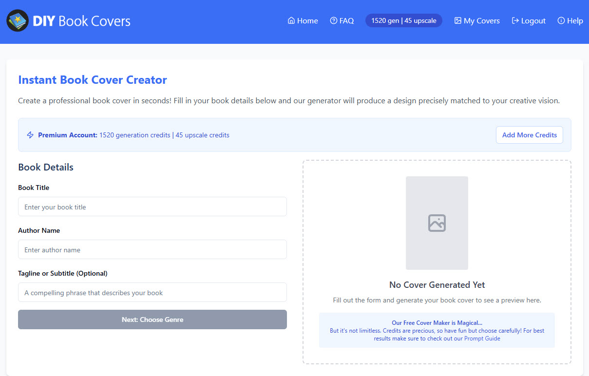 Instant Book Cover Maker - a free AI book cover generator for indie authors!